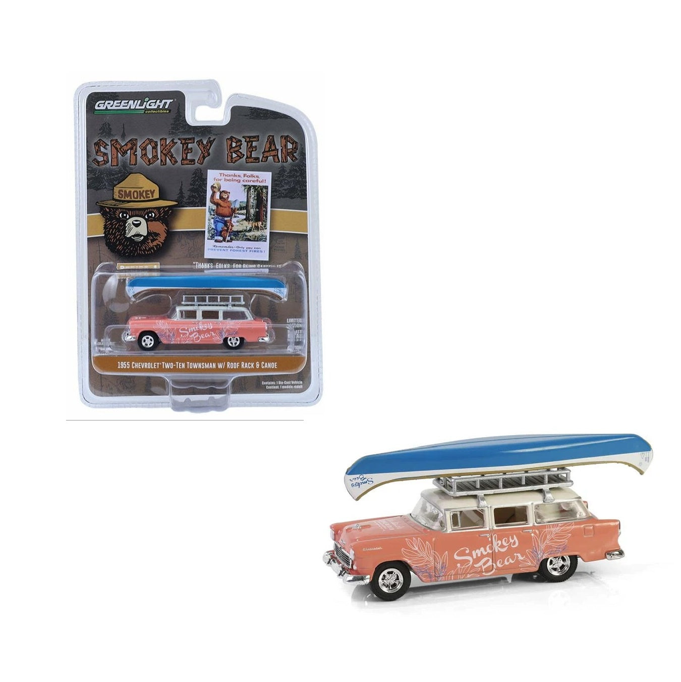 1955 Chevrolet Two-Ten Townsman with roof rack and canoe Smokey Bear S ...